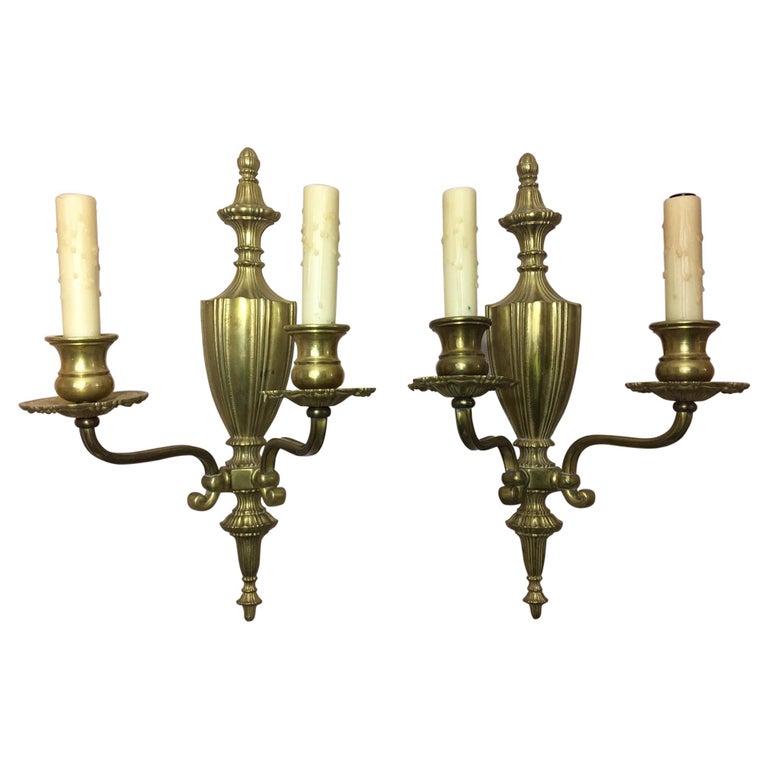 Pair of Brass Two-Light Urn and Finial Top Sconces, 20th Century For ...