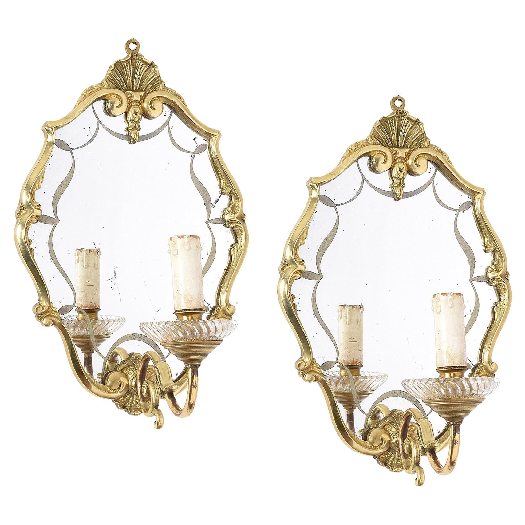 Brass Frame paneled Mirror with Studs and Glass Sconces Lights by ...