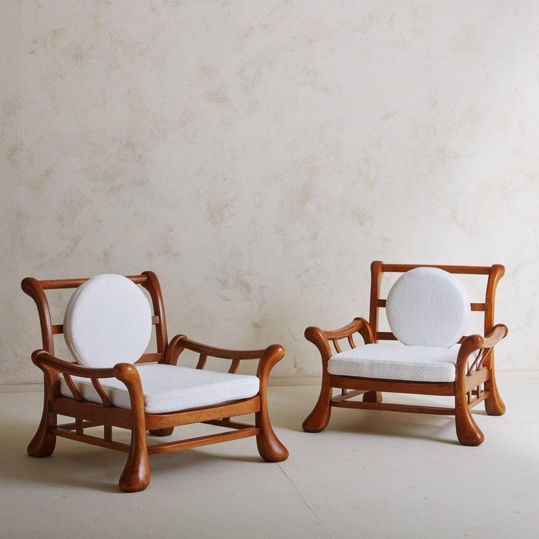 Pair of Brazilian Style Beechwood Lounge Chairs in Ivory Boucle, 1970s ...