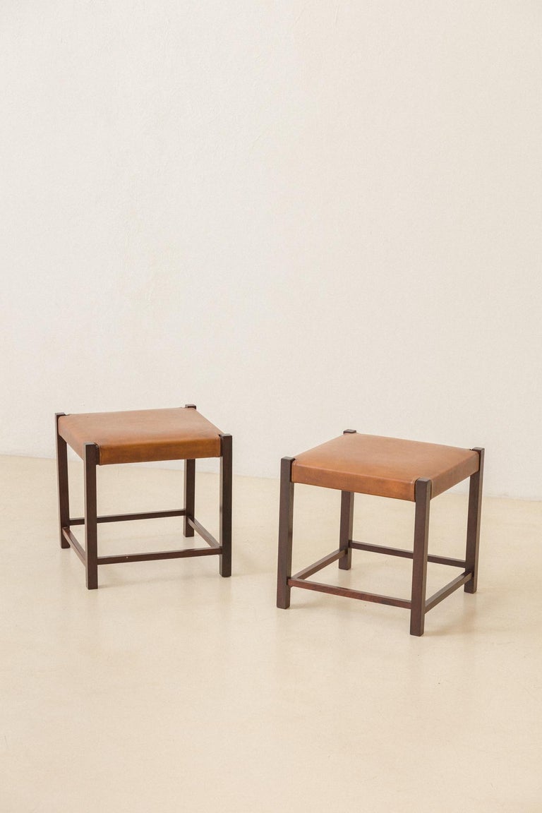 Pair of Brazilian Vintage Rosewood and Leather Stools, Unknown Designer ...
