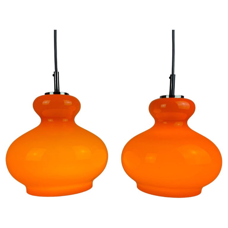 Pair of bright orange glass pendant light by Peill and Putzler 1960 For ...