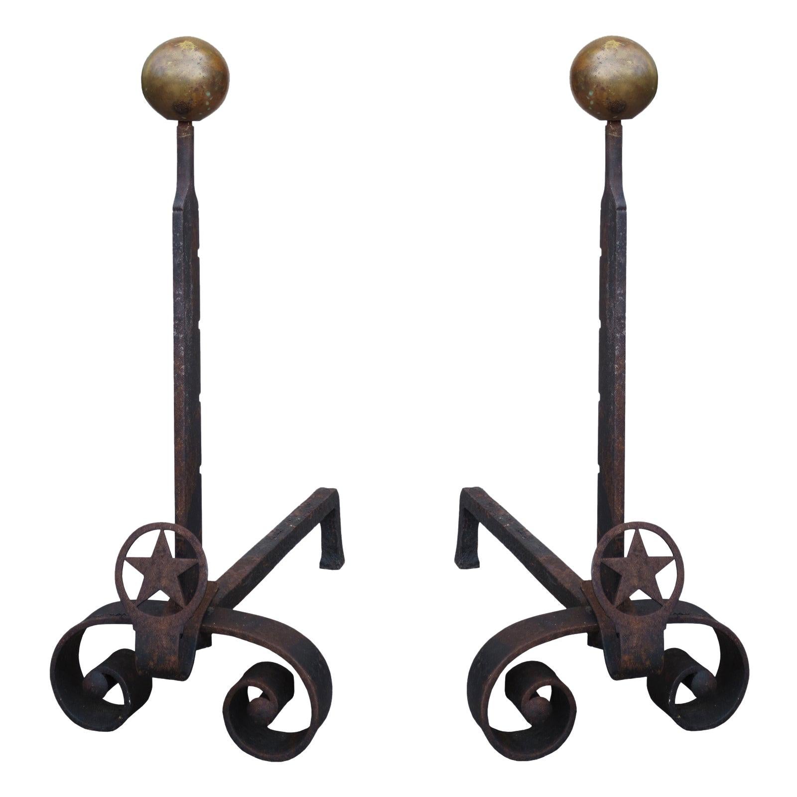 Pair of American Iron Andirons with Patina Finish and Cooking Arms ...