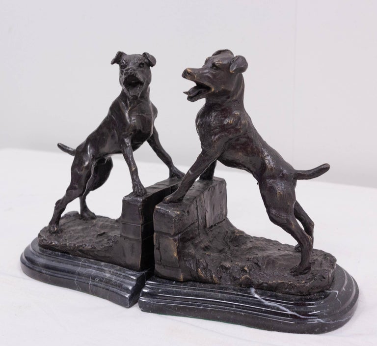 Pair of Bronze and Marble Bookends Barking Dogs from E Drouot, France c ...