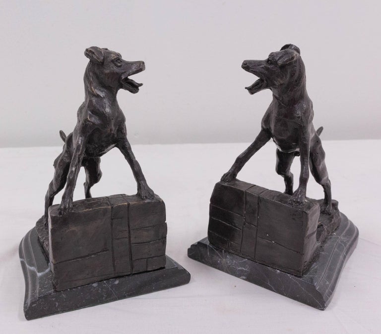 Pair of Bronze and Marble Bookends Barking Dogs from E Drouot, France c ...