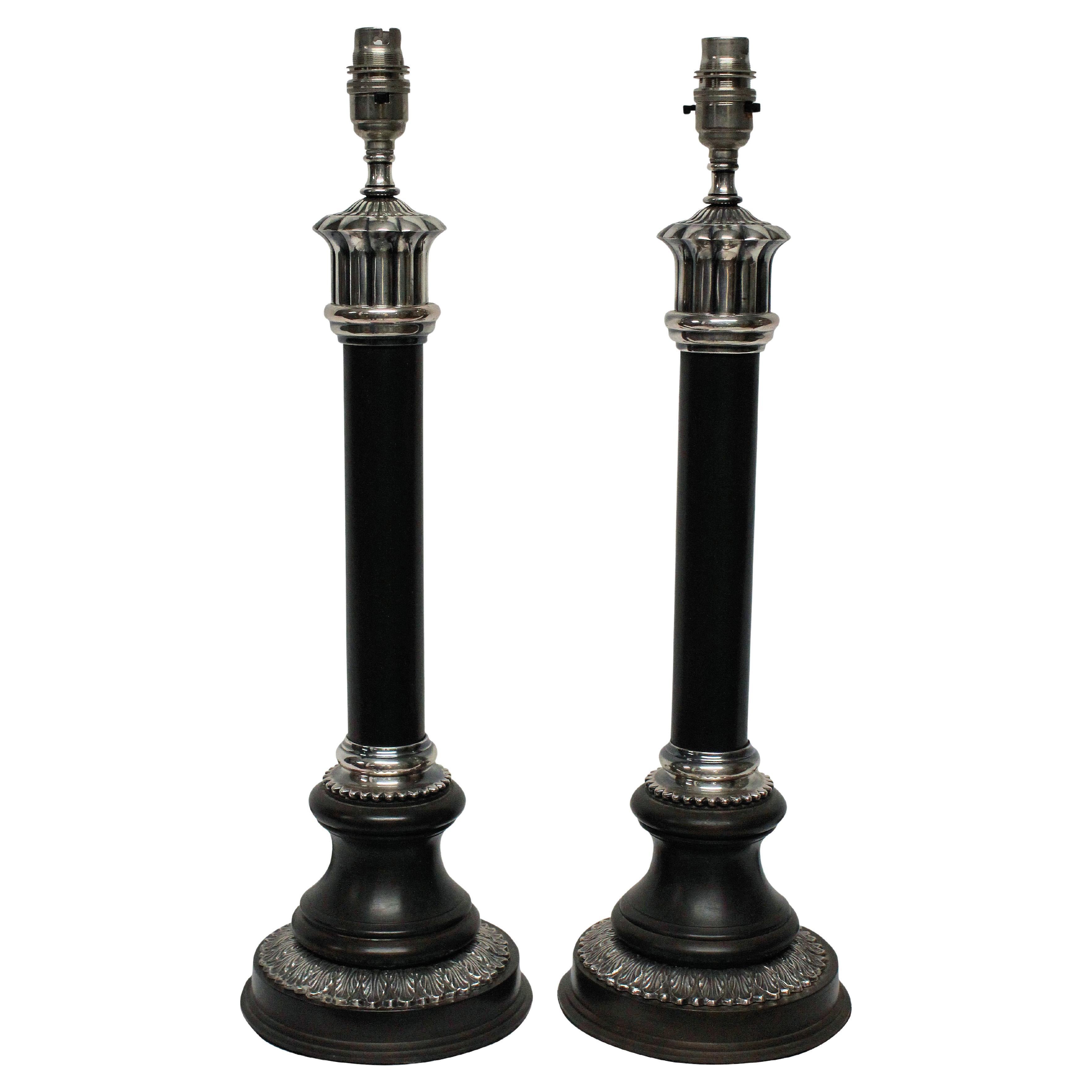 Pair of English Silver and Cut-Glass Column Lamps For Sale at 1stDibs