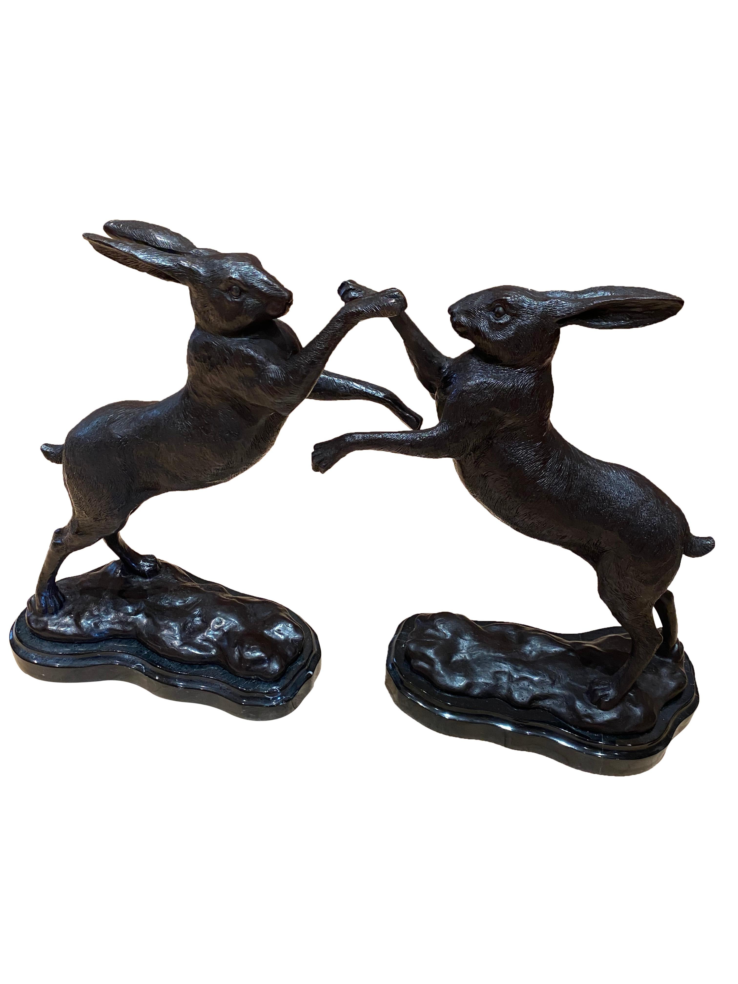 Pair of Bronze Boxing Hares, 20th Century at 1stDibs | bronze hares boxing