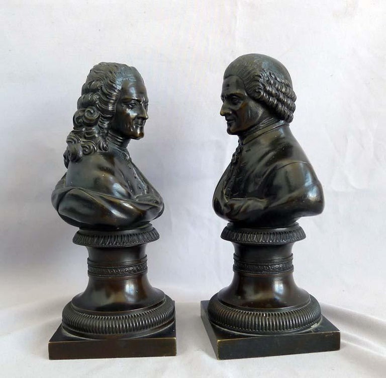 Pair of Bronze Busts of Rousseau and Voltaire For Sale at 1stDibs