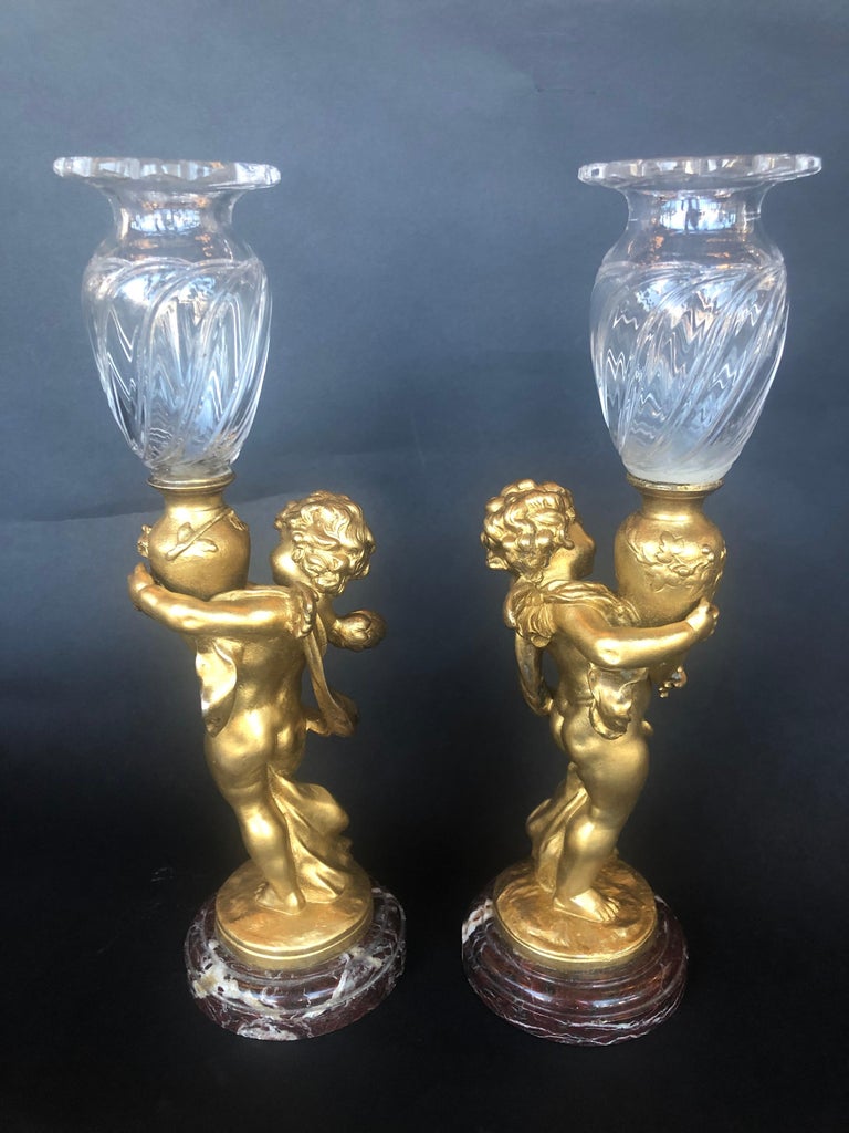 Pair of Bronze Cherubs with Glass Vases For Sale at 1stDibs