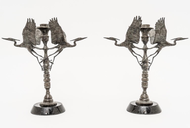 Pair of Bronze Crane Candlesticks For Sale at 1stDibs