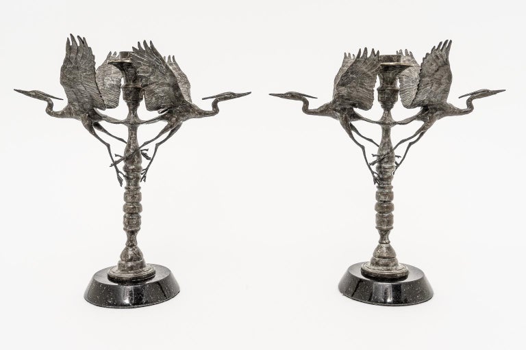 Pair of Bronze Crane Candlesticks For Sale at 1stDibs
