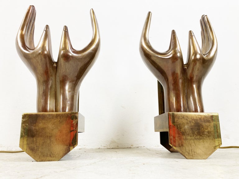 Pair of Bronze Hand Shaped Wall Lamps, 1990s For Sale at 1stDibs
