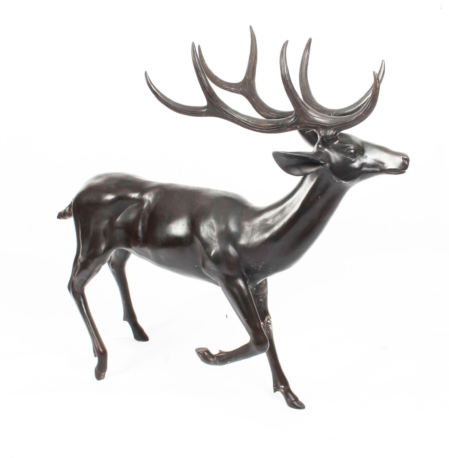 Pair of Bronze Life-Size Fallow Deer Stags, Late 20th Century at ...