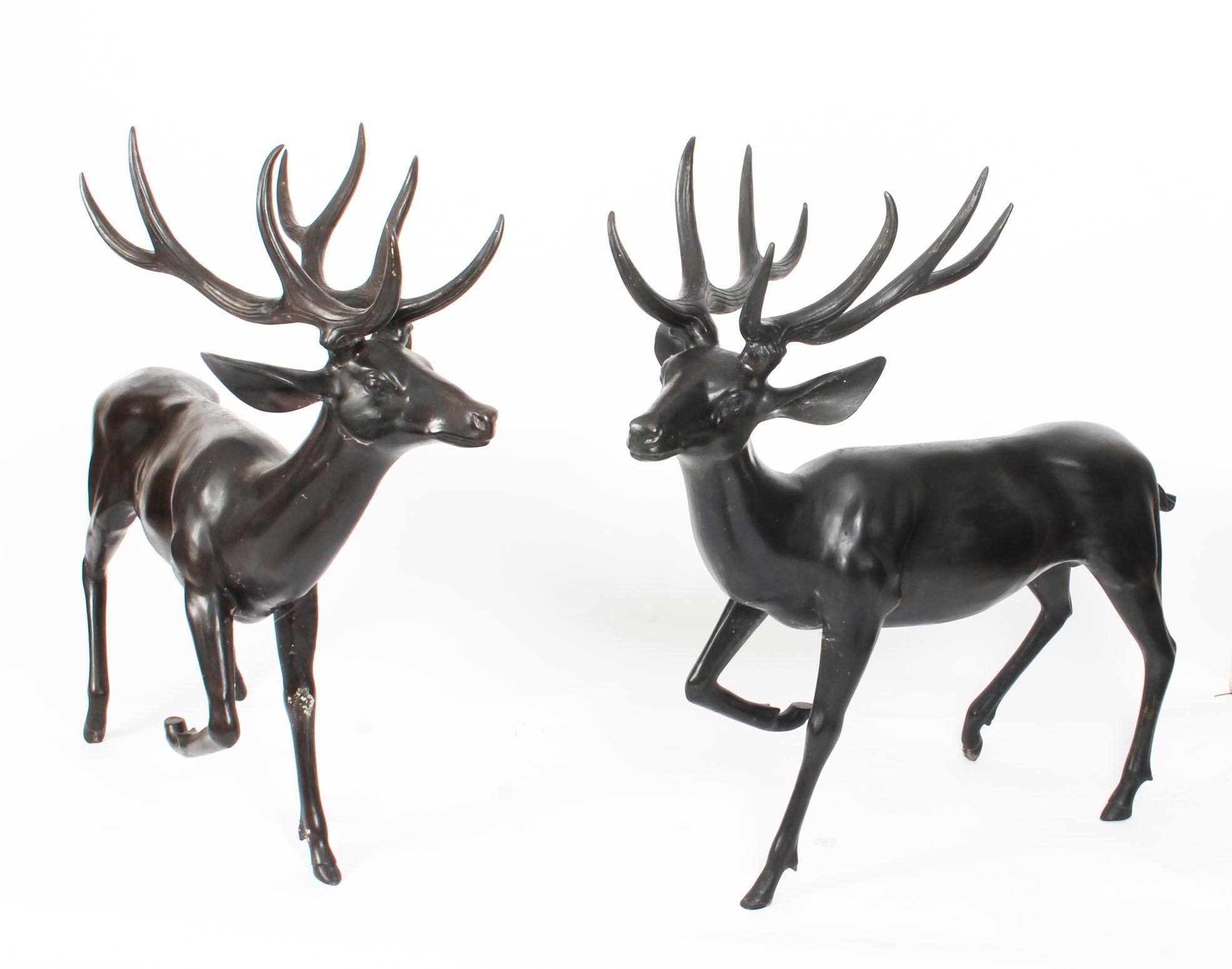 Pair of Bronze Life-Size Fallow Deer Stags, Late 20th Century at ...