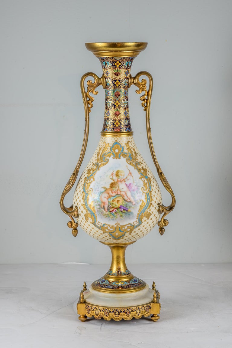 Pair of Bronze-Mounted Sèvres Style Champlevé Enamel Vases For Sale at ...
