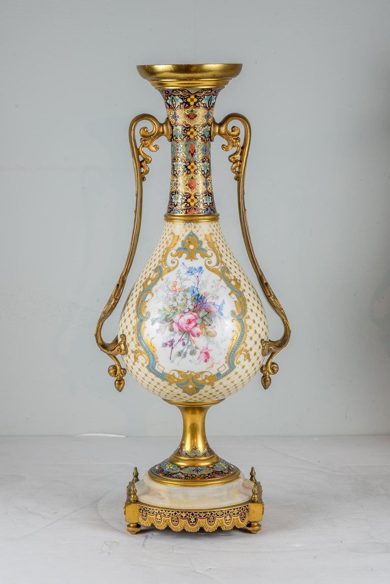Pair of Bronze-Mounted Sèvres Style Champlevé Enamel Vases For Sale at ...
