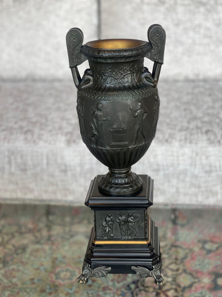 Pair of Bronze and Slate Neoclassical Style Urns For Sale at 1stDibs