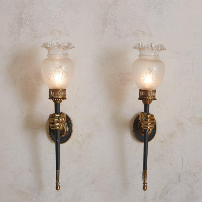 Pair of Bronze Torchiere Sconces With Hand Motif by Maison Jansen ...