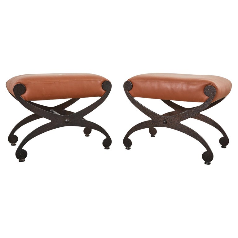 Pair of Bronzed Iron X-base Leather Stools or Curule Benches For Sale at 1stDibs