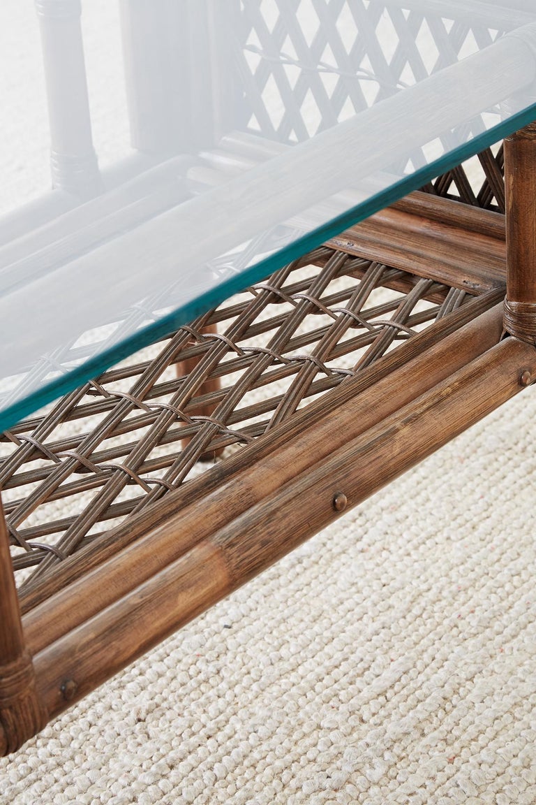 Pair of Brown Jordan Style Bamboo Rattan Side Tables For Sale at 1stDibs