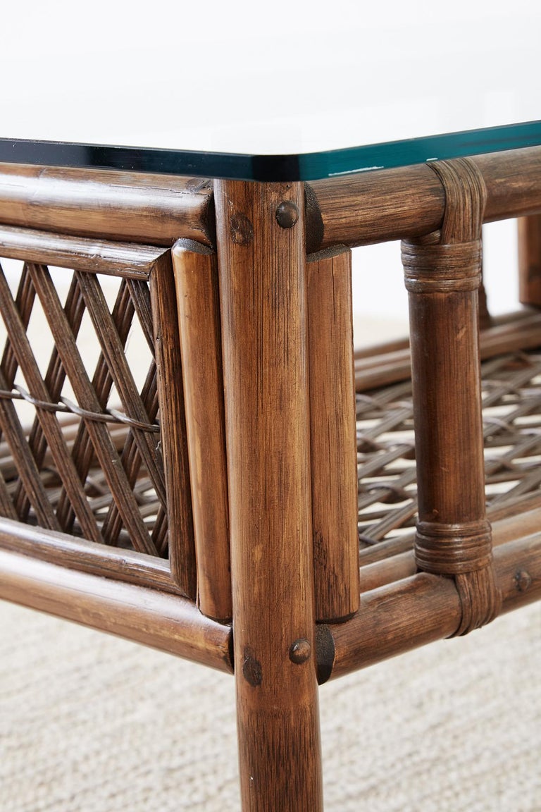 Pair of Brown Jordan Style Bamboo Rattan Side Tables For Sale at 1stDibs