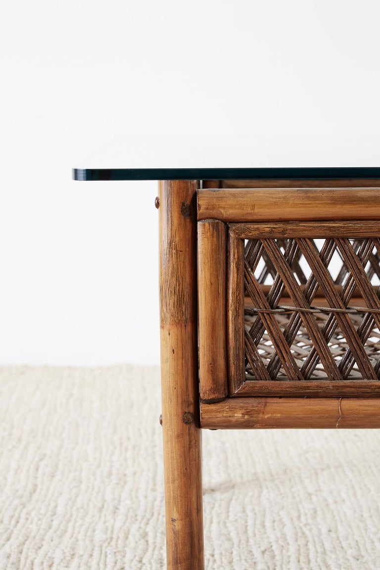 Pair of Brown Jordan Style Bamboo Rattan Side Tables For Sale at 1stDibs