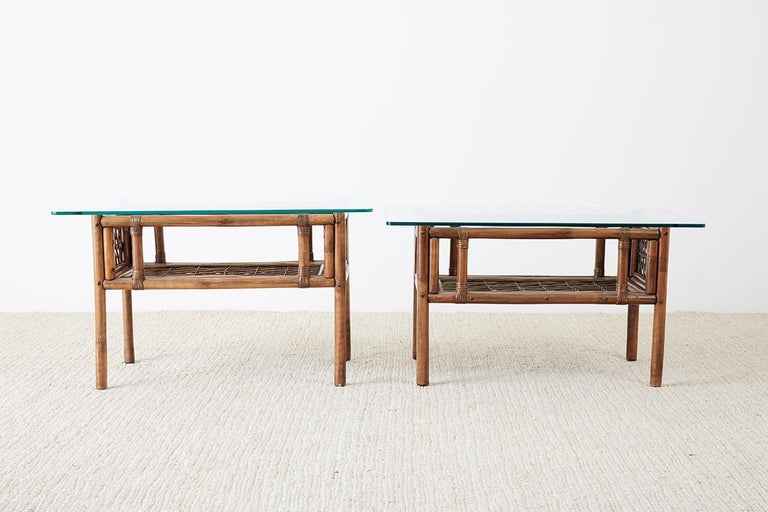 Pair of Brown Jordan Style Bamboo Rattan Side Tables For Sale at 1stDibs