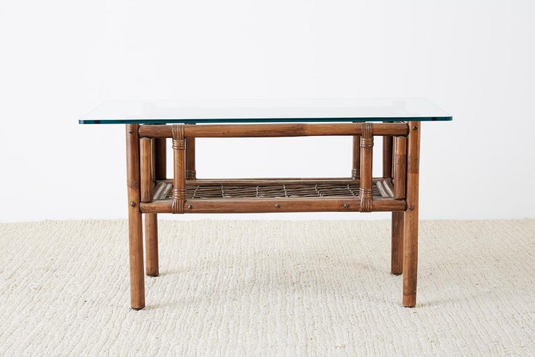 Pair of Brown Jordan Style Bamboo Rattan Side Tables For Sale at 1stDibs