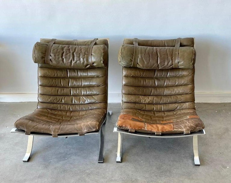 Pair of Brown Leather and Steel Ari Lounge Chairs by Arne Norell For ...