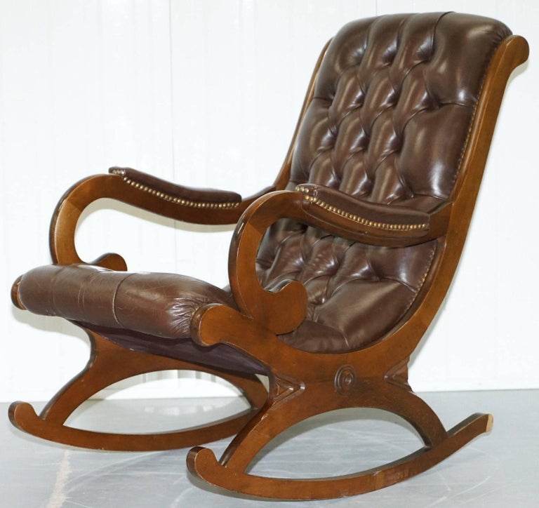 Pair of Brown Leather Chesterfield Slipper Rocking Armchairs Library ...