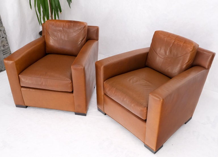 Pair of Brown Tan Leather Lounge Chairs by Coach For Sale at 1stDibs