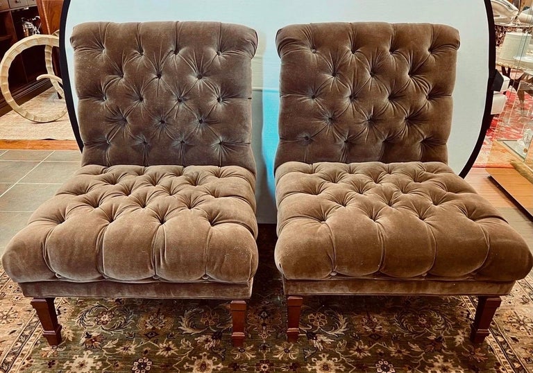 Pair of Brown Velvet Tufted Slipper Chairs by Bernhardt at 1stDibs