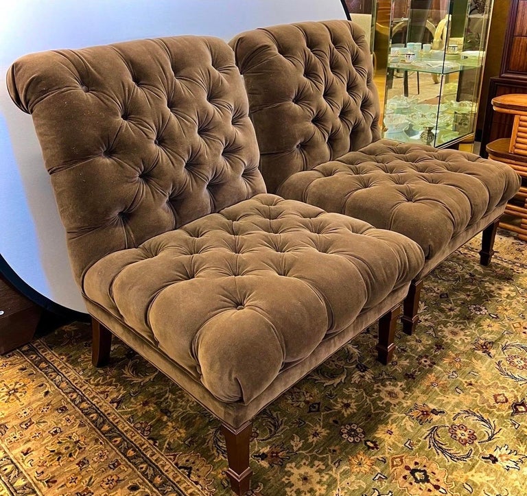 Pair of Brown Velvet Tufted Slipper Chairs by Bernhardt at 1stDibs