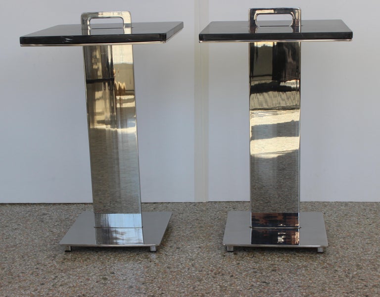 Pair of Brueton Style Side Tables in Polished Steel and Marble For Sale ...