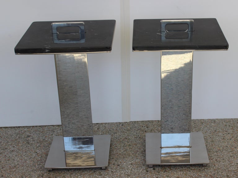 Pair of Brueton Style Side Tables in Polished Steel and Marble For Sale ...