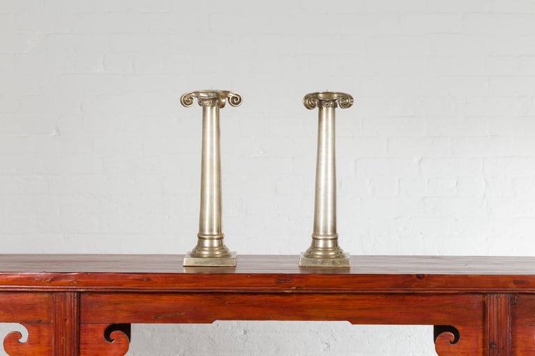 Pair of Brushed Silver over Bronze Column Candlesticks with Large Ionic ...