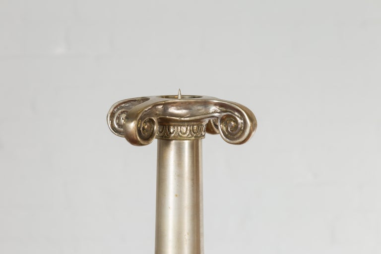 Pair of Brushed Silver over Bronze Column Candlesticks with Large Ionic ...