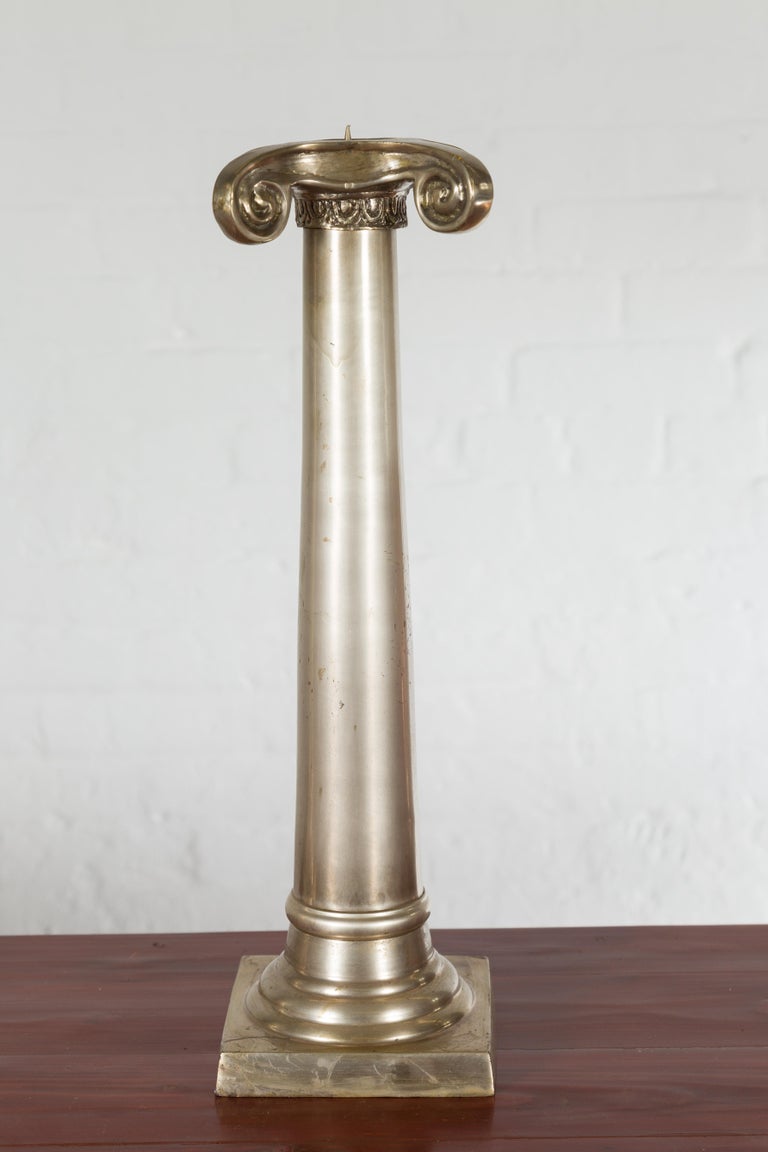 Pair of Brushed Silver over Bronze Column Candlesticks with Large Ionic ...