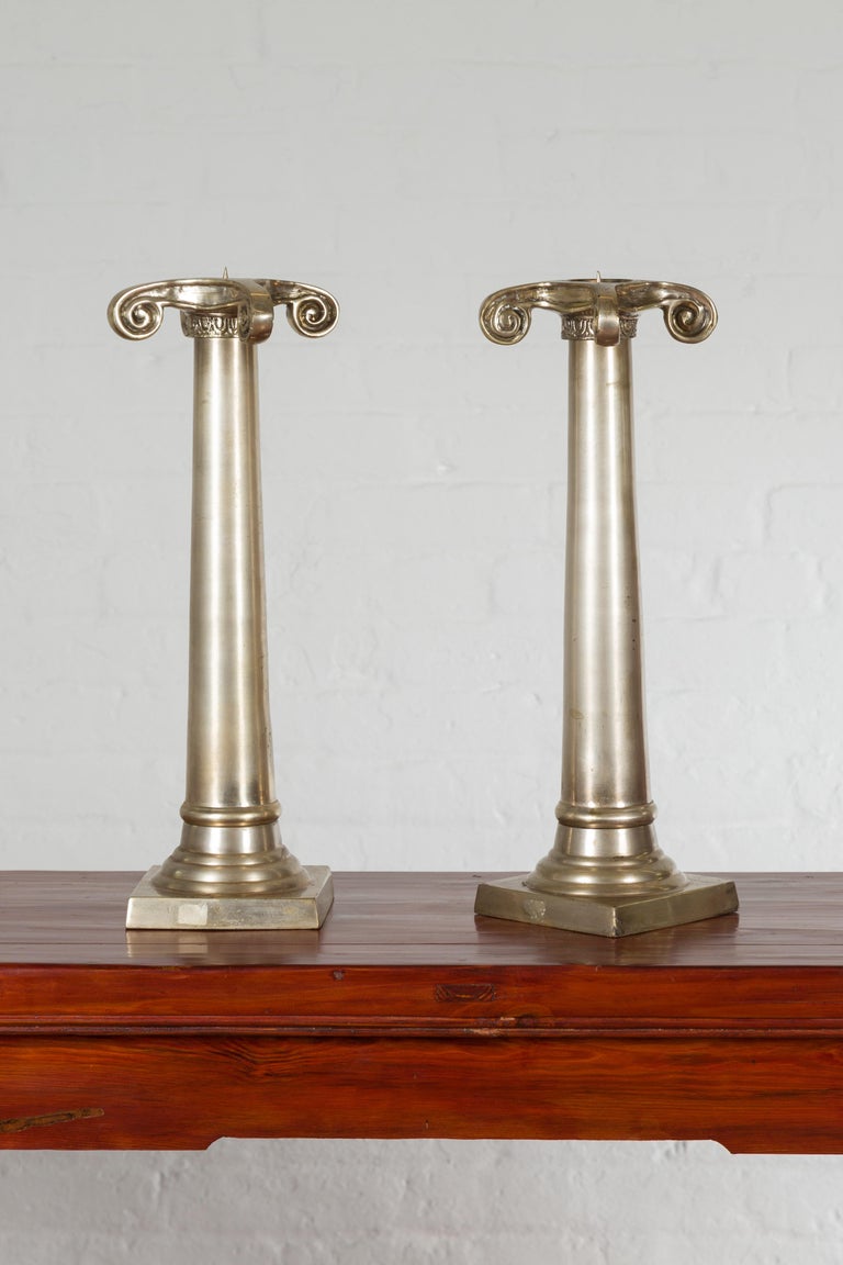 Pair of Brushed Silver over Bronze Column Candlesticks with Large Ionic ...