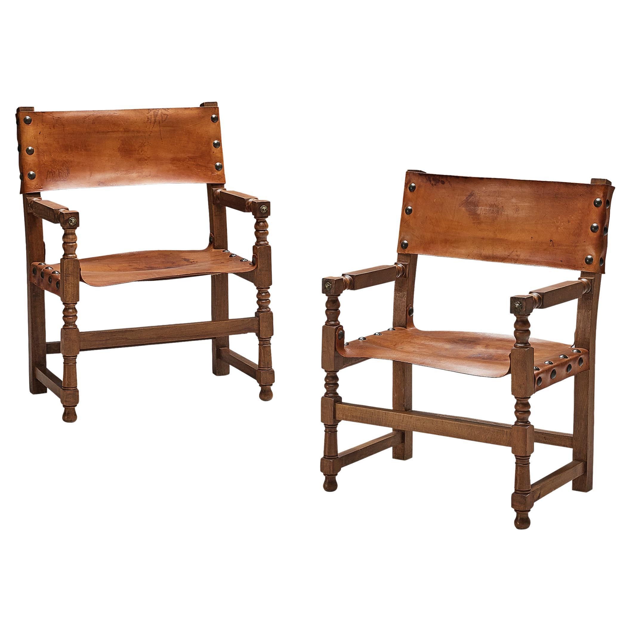 Leather and Wood Spanish Style Chairs, Saddle Leather at 1stDibs