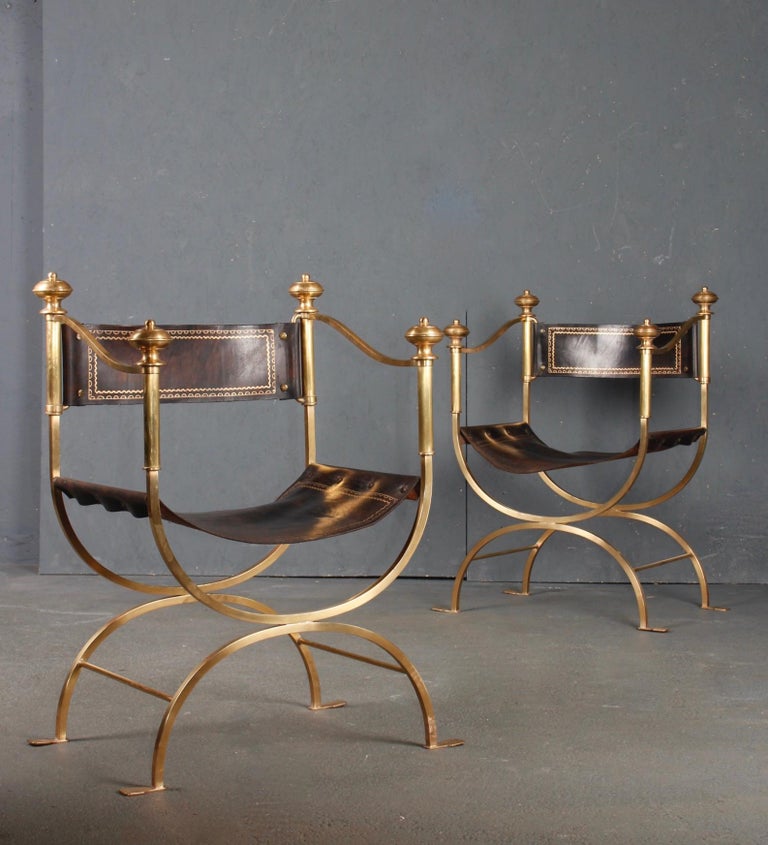 Pair of Burnished Brass Iron Italian Neoclassical Curule Throne Bench ...