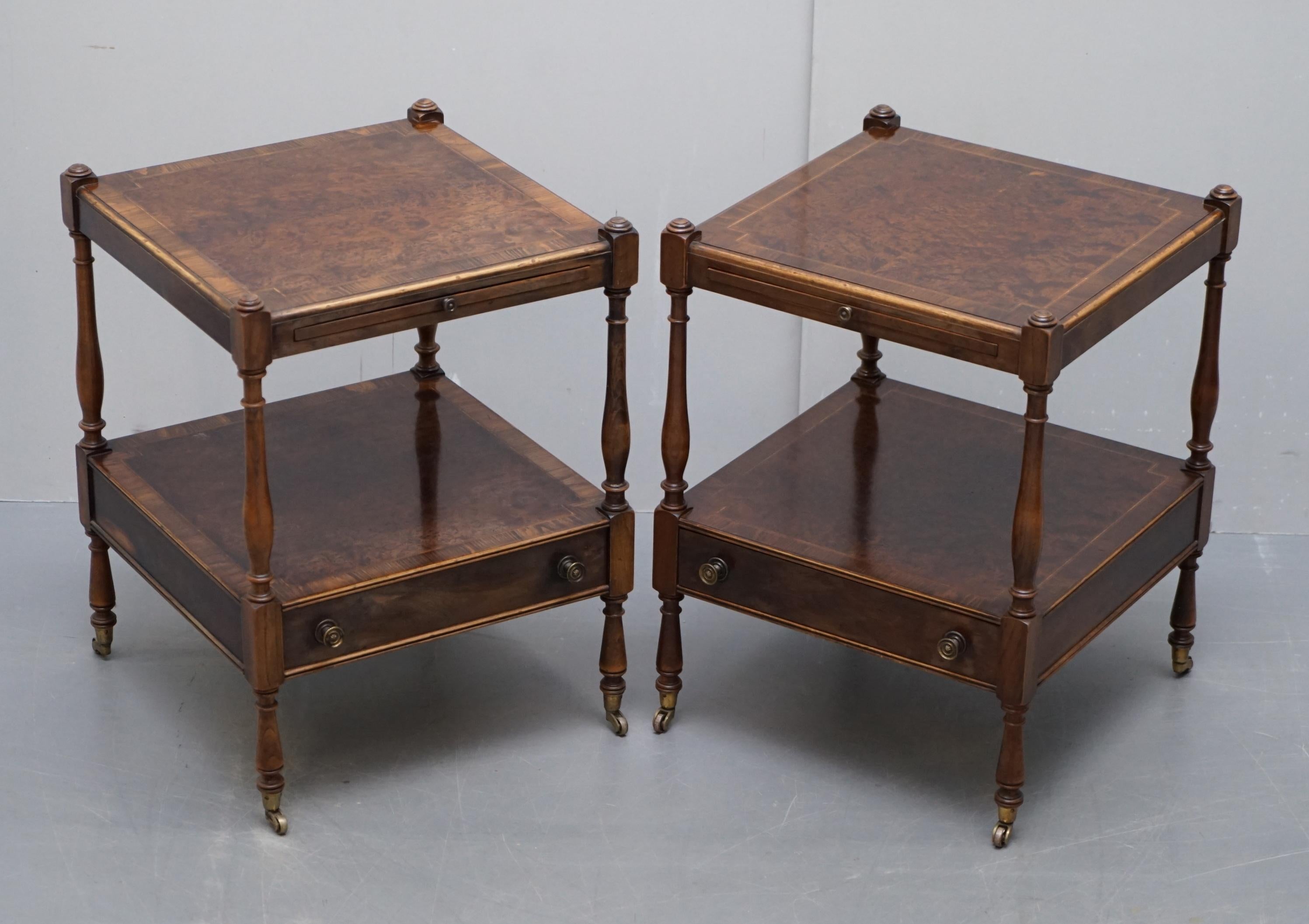 Pair of Burr Walnut Side Lamp End Wine Tables Brown Leather Butlers ...