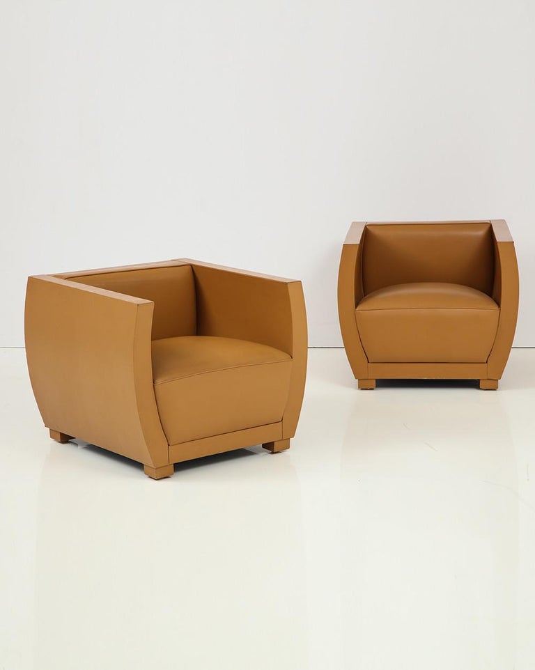 Pair of Camel Colored Leather Clad Club Chairs For Sale at 1stDibs