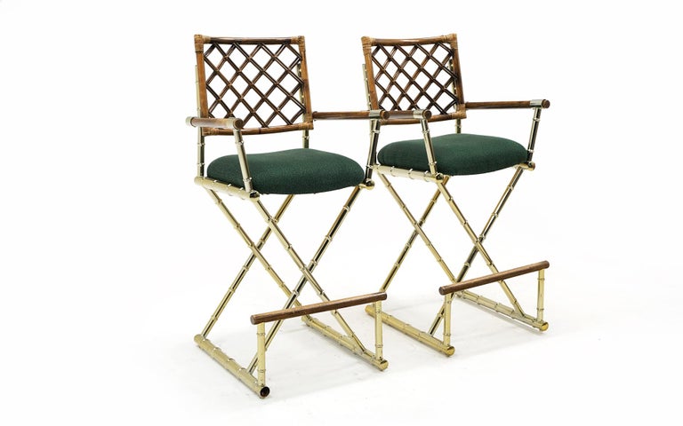 Pair of Campaign Style Bar Stools w/ Backs and Arms in Brass, Bamboo ...