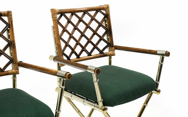 Pair of Campaign Style Bar Stools w/ Backs and Arms in Brass, Bamboo ...