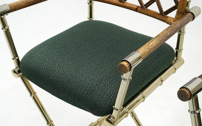 Pair of Campaign Style Bar Stools w/ Backs and Arms in Brass, Bamboo ...