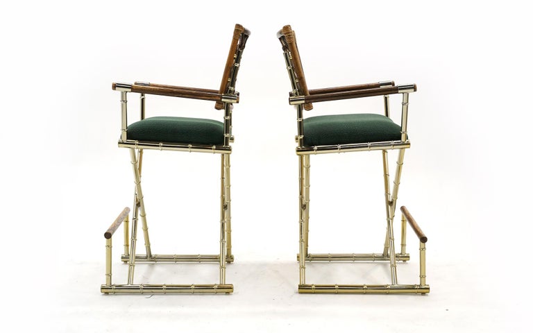 Pair of Campaign Style Bar Stools w/ Backs and Arms in Brass, Bamboo ...