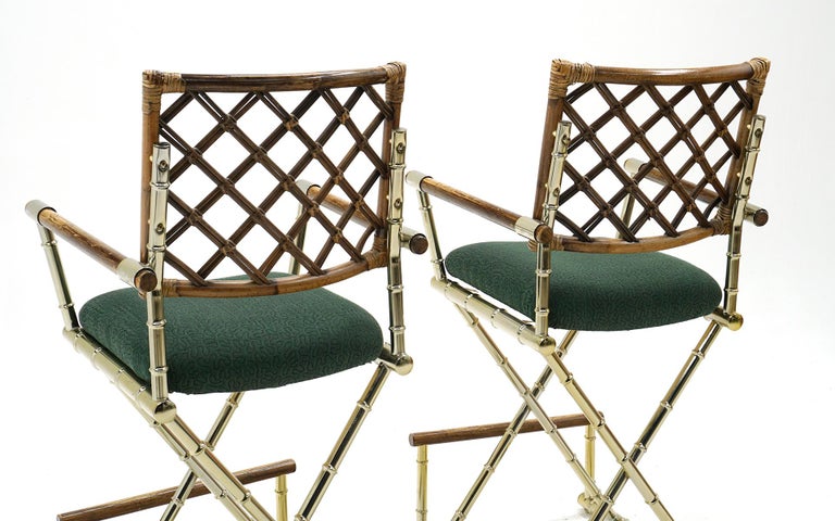 Pair of Campaign Style Bar Stools w/ Backs and Arms in Brass, Bamboo ...