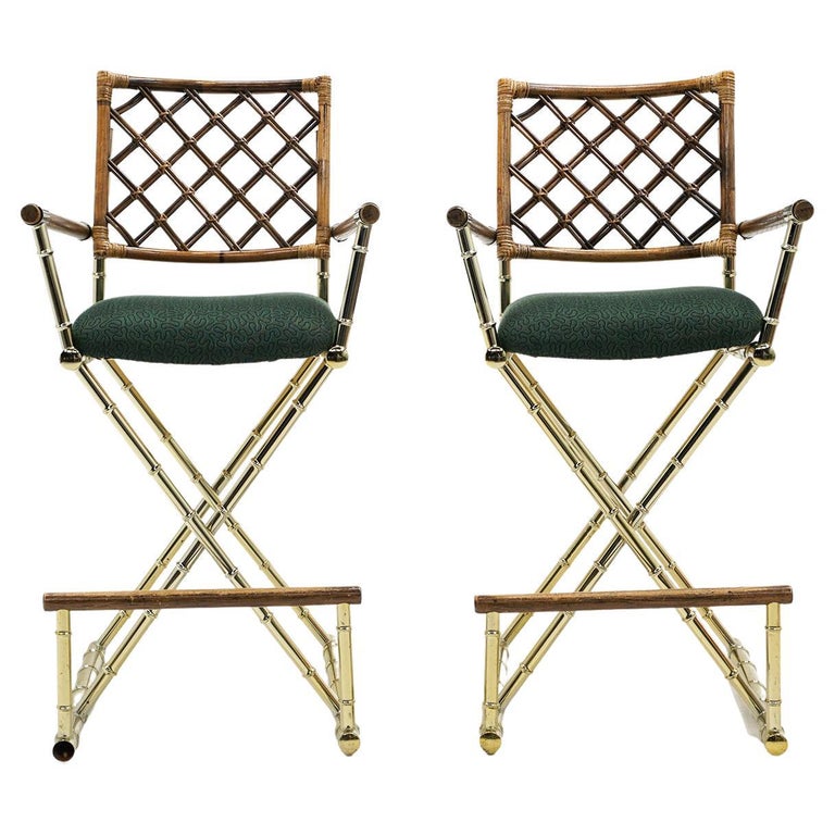 Pair of Campaign Style Bar Stools w/ Backs and Arms in Brass, Bamboo ...