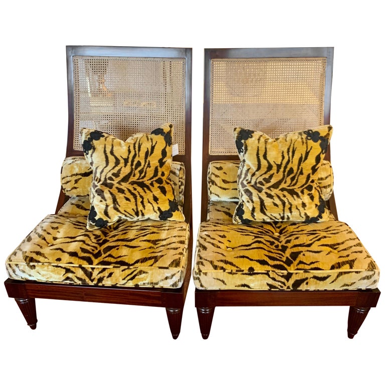 Pair of Cane and Leopard Fabric Lounge Chairs at 1stDibs