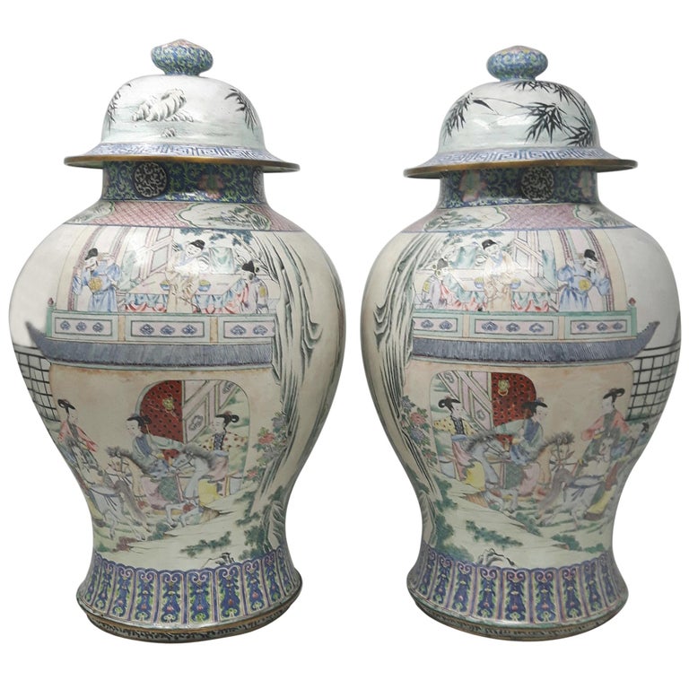 Pair of Canton Enamel Vases and Covers at 1stDibs
